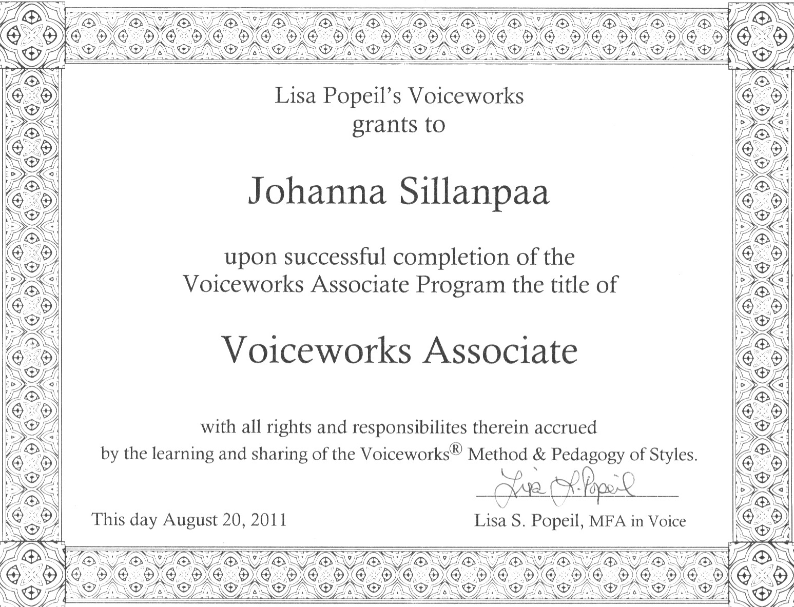 Voiceworks Certificate - Johanna Sillanpaa